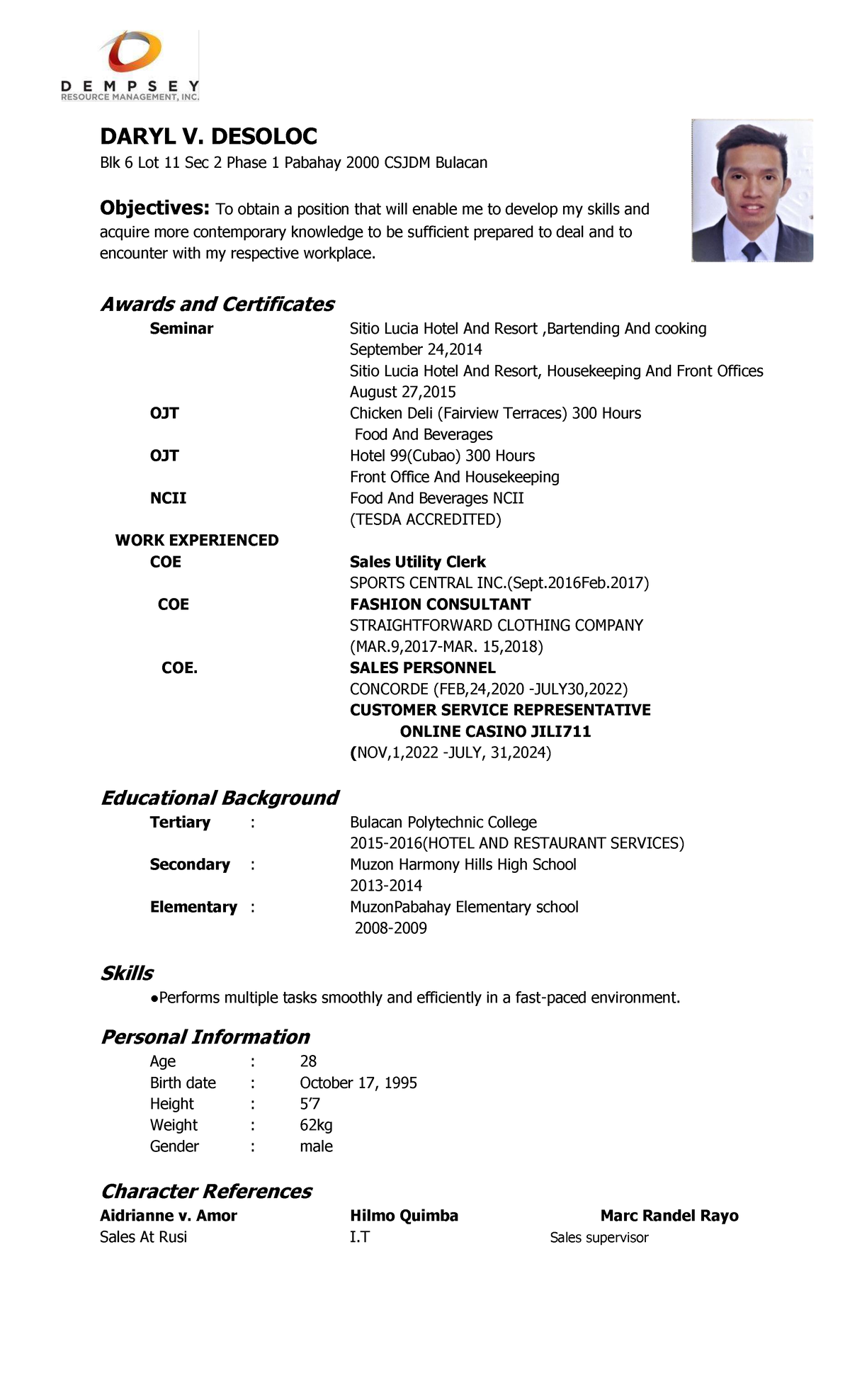 CV of Daryl V. Desoloc - Job Application and Skills Overview - Studocu