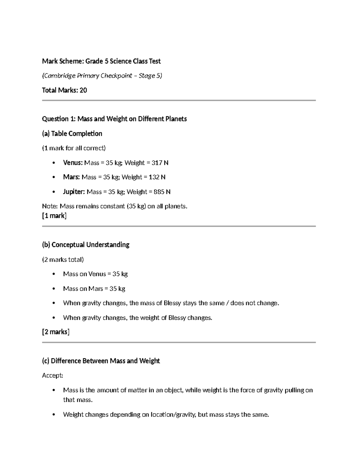 G5 Science Class Test Mark Scheme - Key Points and Notes - Studocu