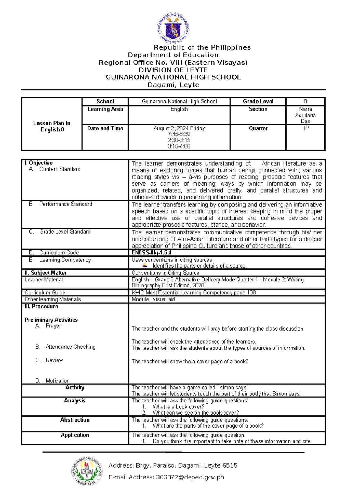 Q1 Lesson Plan on Citing Sources for ENG8 M2 - August 2024 - Studocu