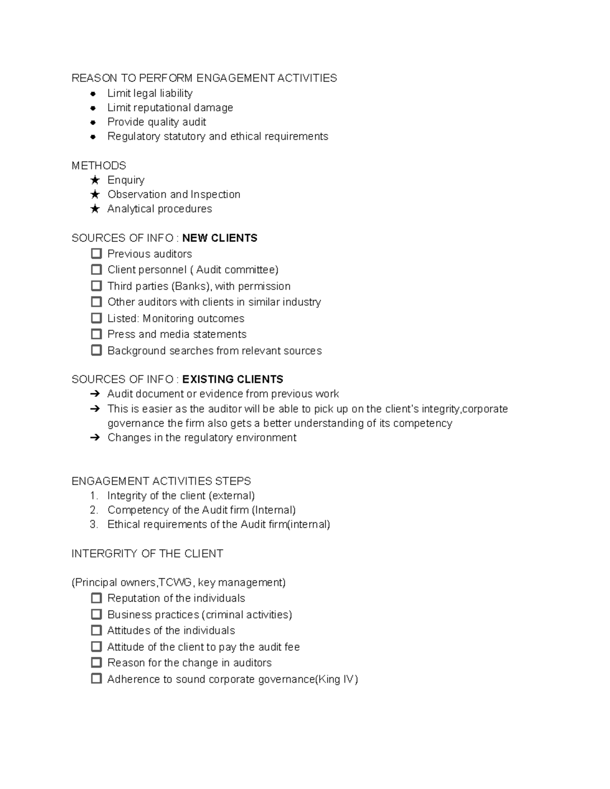 Client Acceptance & Continuance: Audit Engagement Activities - Studocu