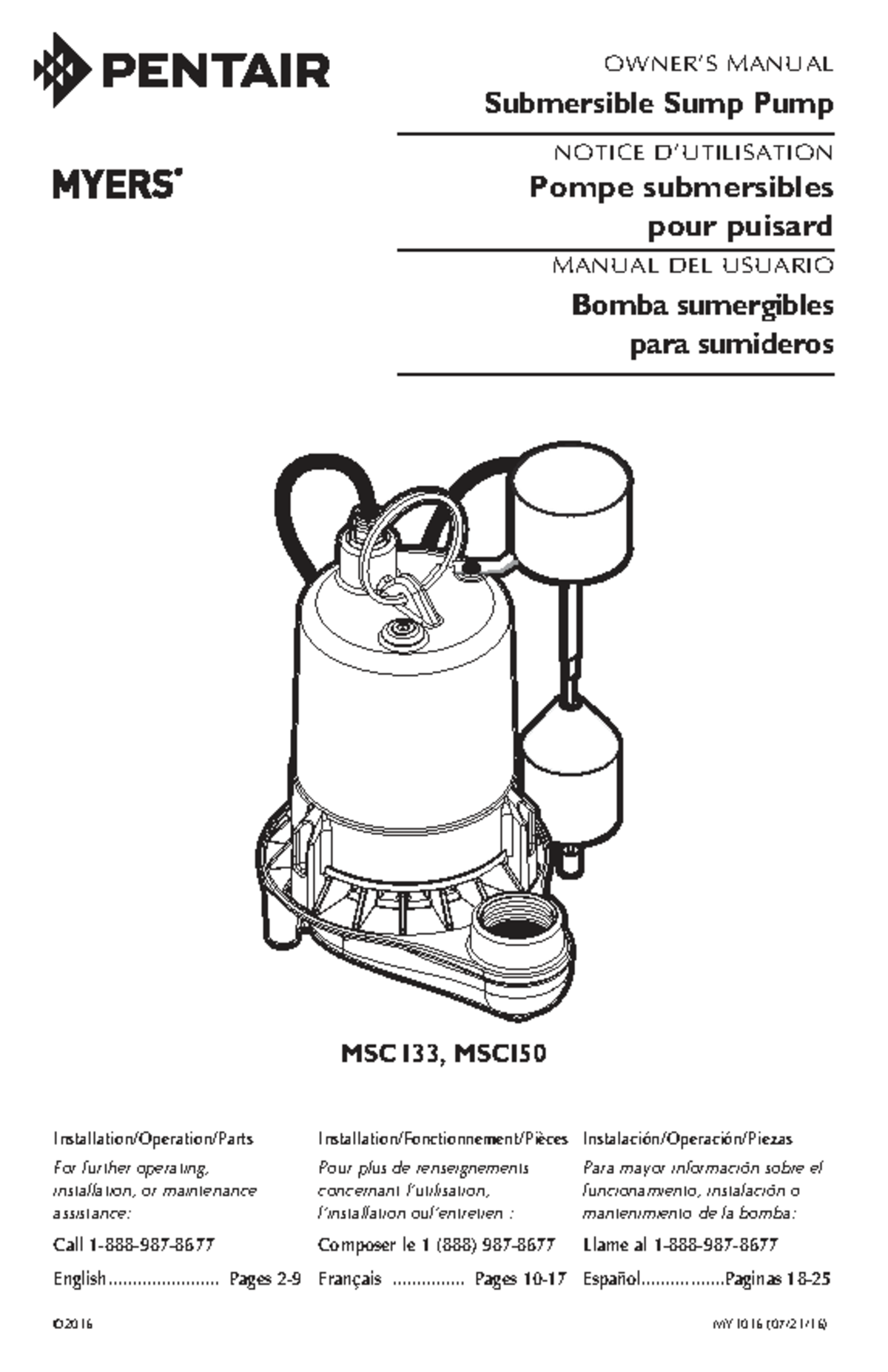 MY1016 MSCI33/50 Submersible Sump Pump Installation & Operation Manual ...