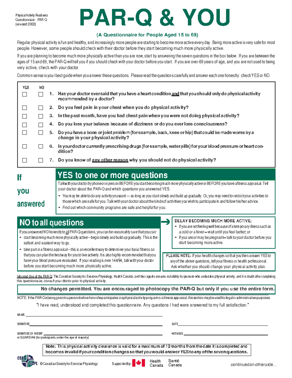 YOU Physical Activity Readiness Questionnaire (PAR-Q) for Ages 15-69 ...