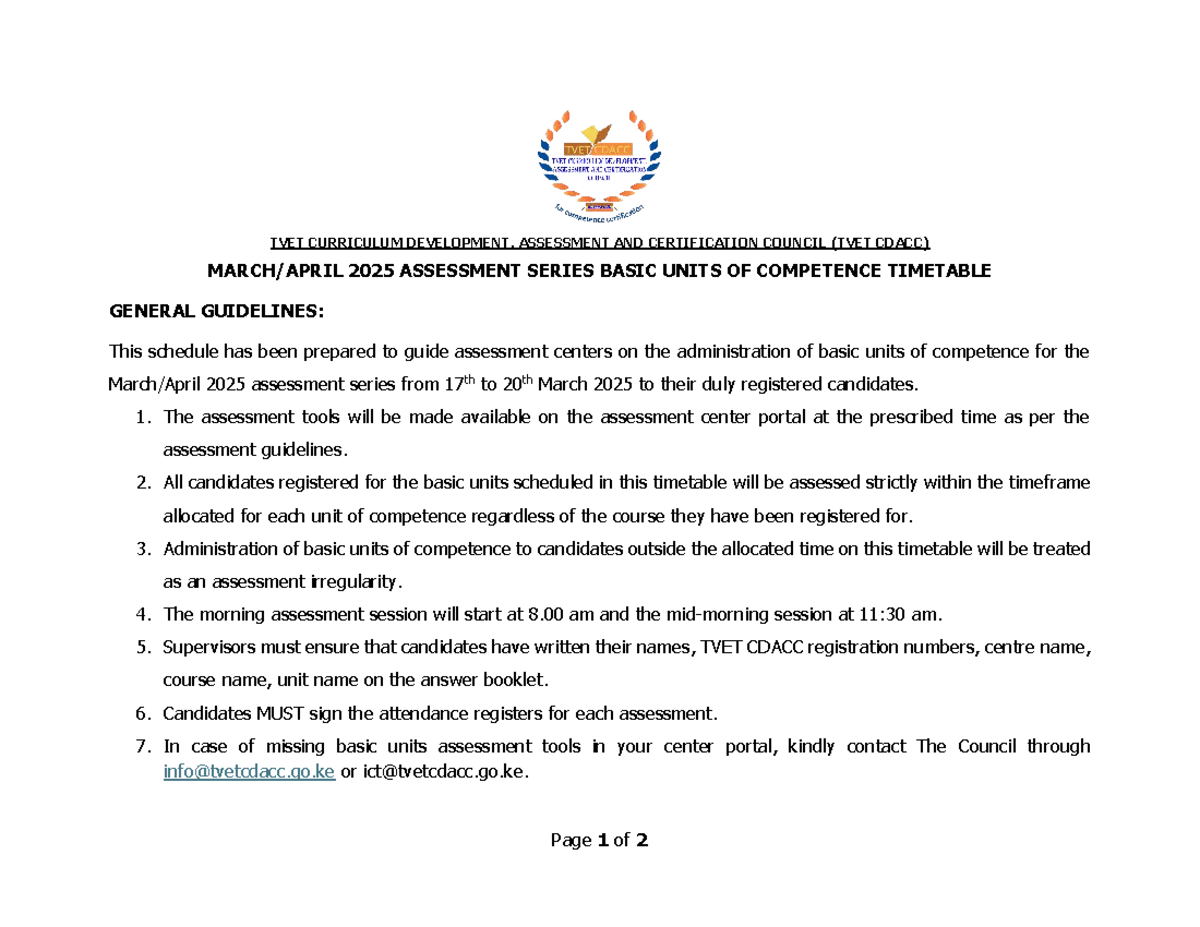 TVET CDACC 2025 Basic Units Assessment Timetable: March 17-20 - Studocu
