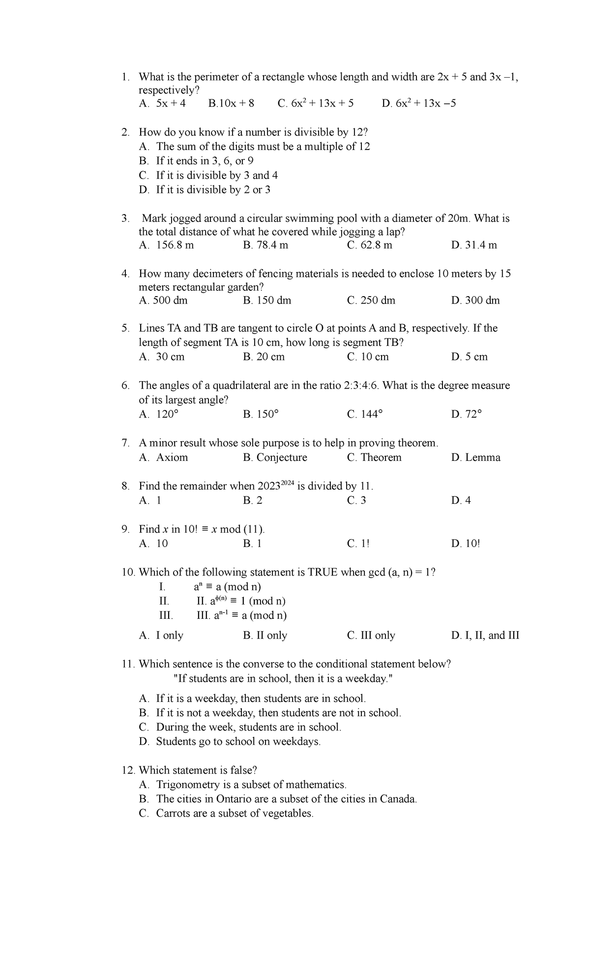 MATH EXAM - This includes items for a math examination - What is the ...