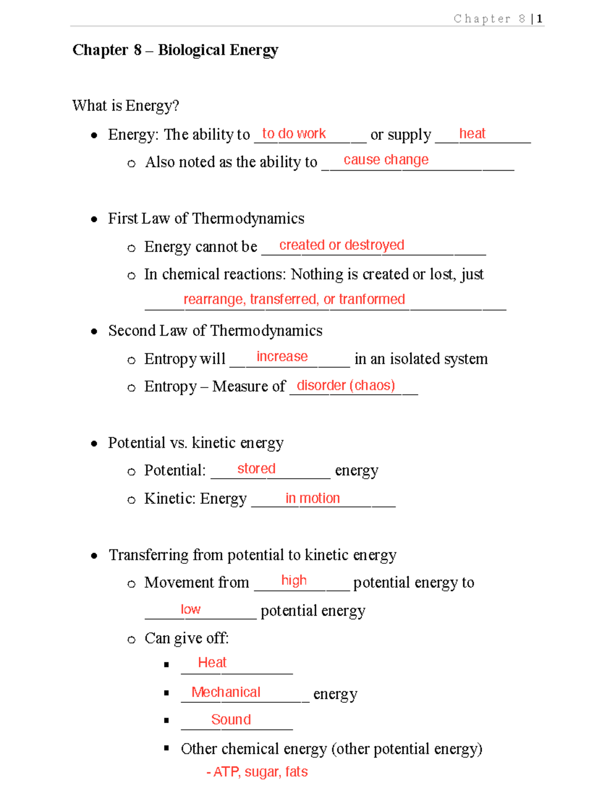 Chapter 8 Skeleton Notes: Biological Energy and Thermodynamics Concepts ...
