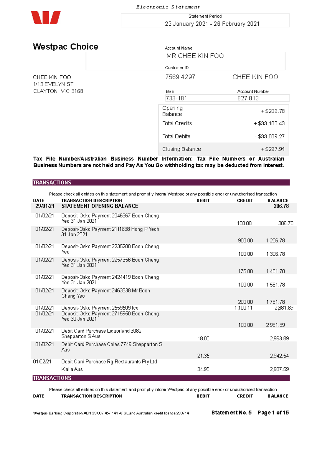 Westpac bank statement - Statement Period 29 January 2021 - 26 February ...