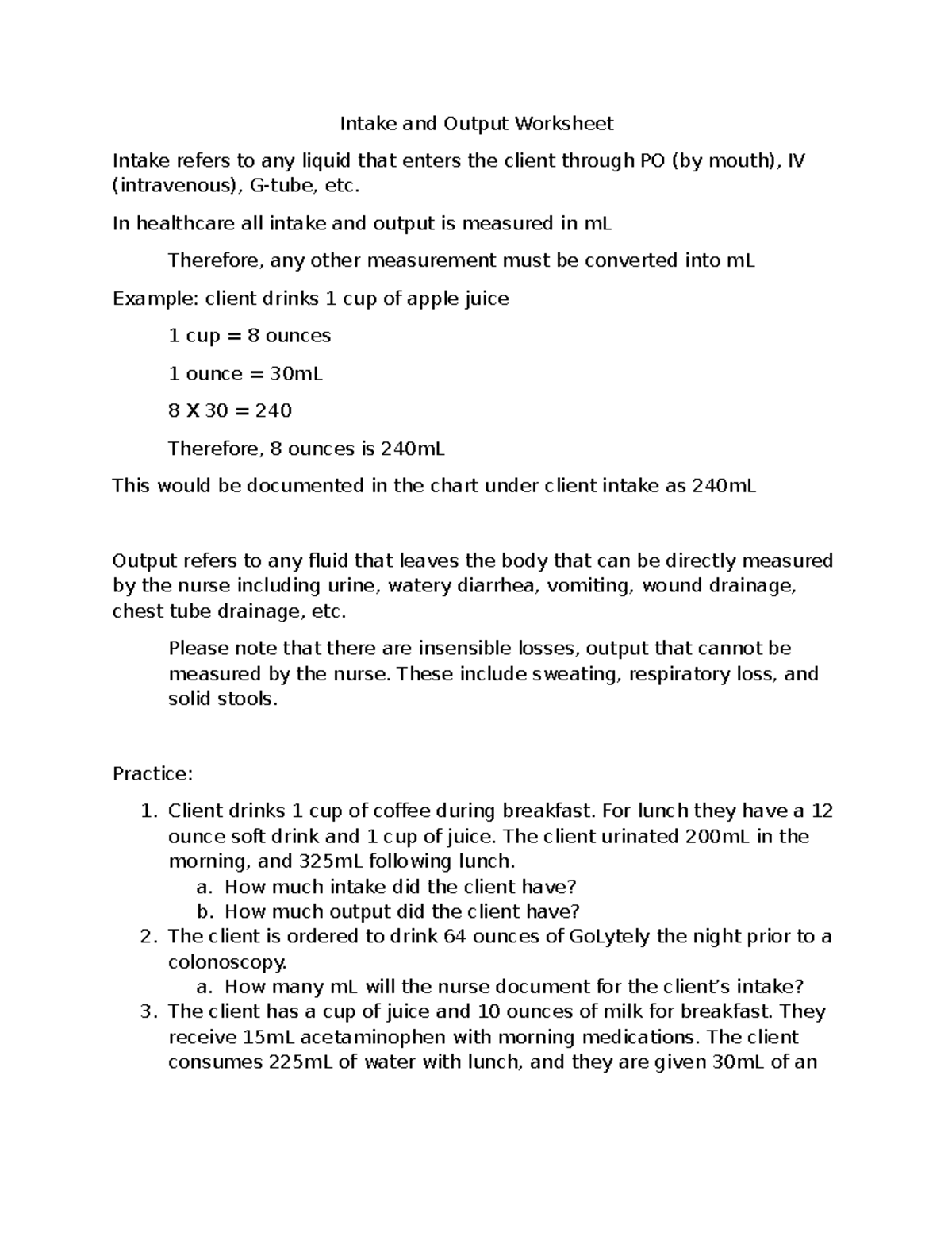 Intake and Output Worksheet - Intake and Output Worksheet Intake refers ...