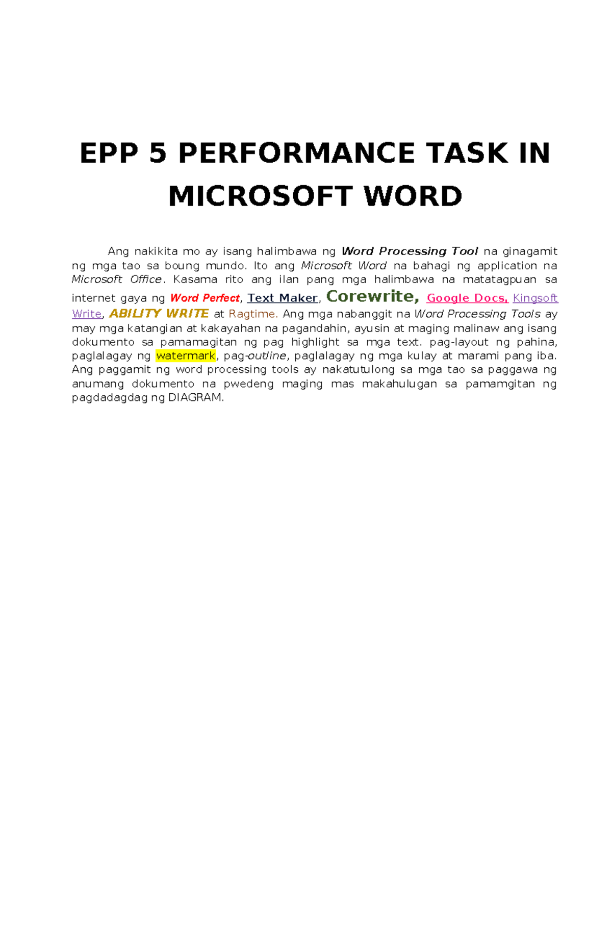 EPP 5 Performance Task: Microsoft Word Processing Tools Overview - Studocu