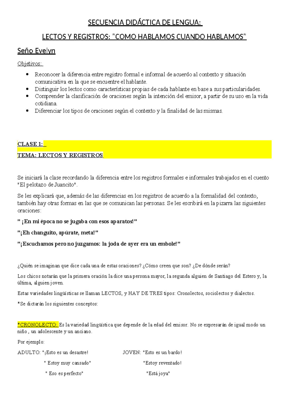 SECUENCIA DIDÁCTICA DE LENGUA: LECTOS Y REGISTROS - CLASES 1 A 5 - Studocu