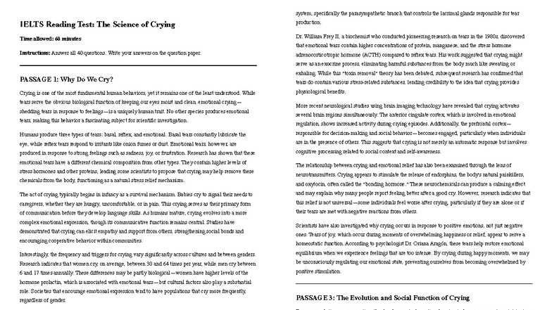IELTS Reading Test: The Science of Crying and Emotional Tears - Studocu