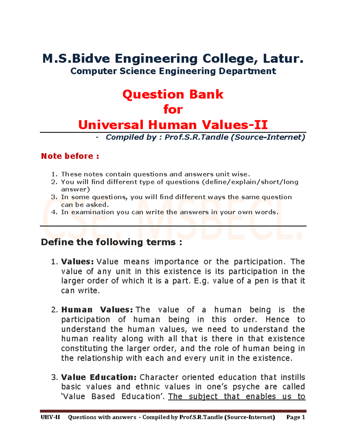 QB Question Bank for Universal Human Values II - End Semester Exam ...