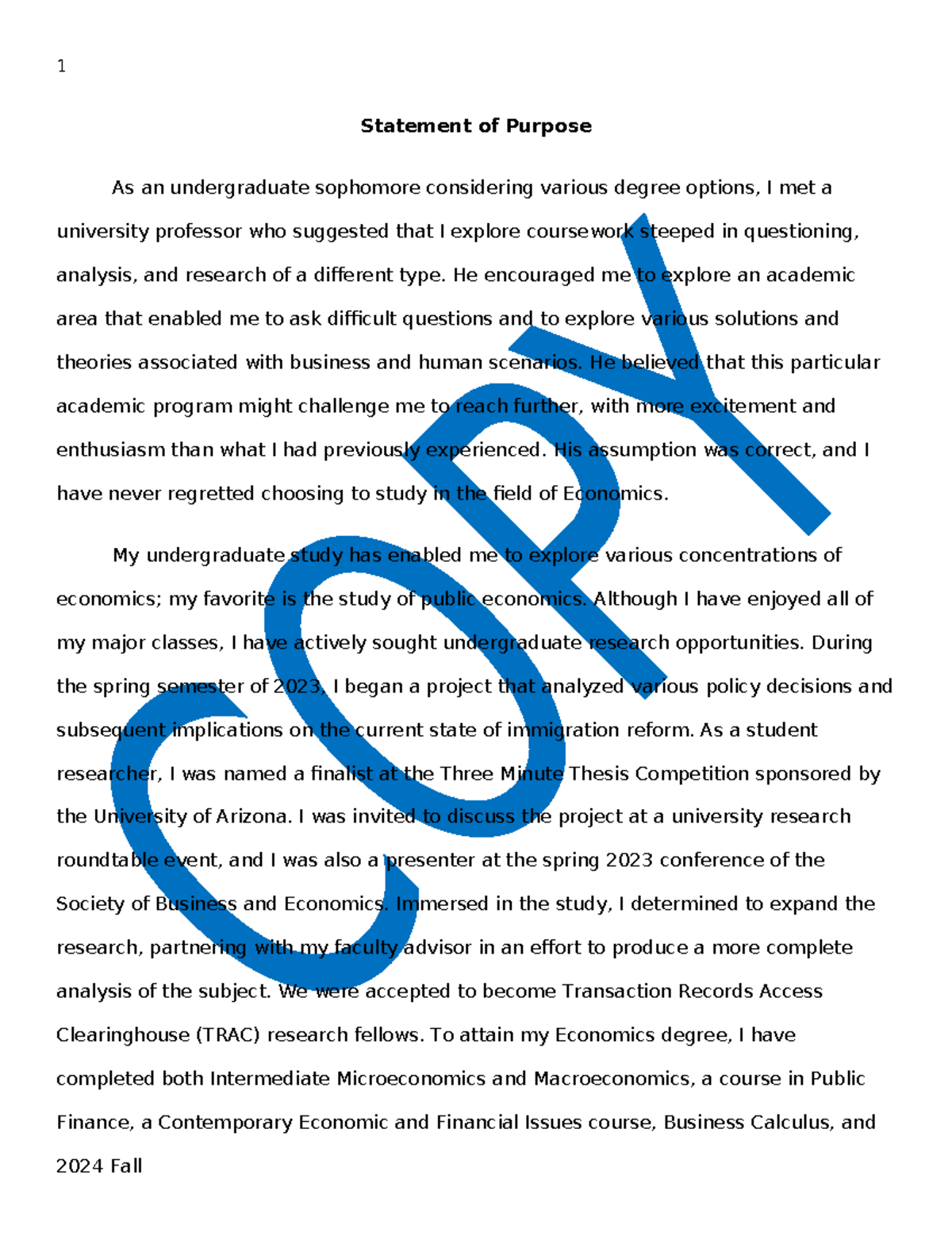 Statement of Purpose for MAEcon Thesis Track Admission (2024 Fall ...