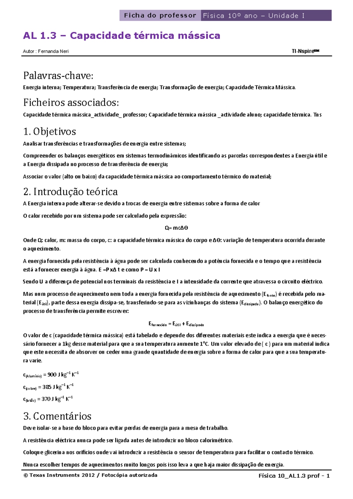 Capacidade Térmica Mássica - Física 10º Ano - Unidade I - Atividade ...
