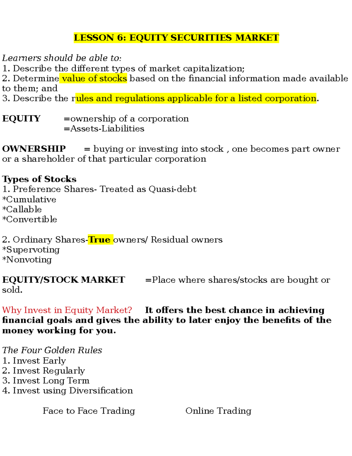 Lesson 6: Equity Securities Market Overview and Key Concepts - Studocu