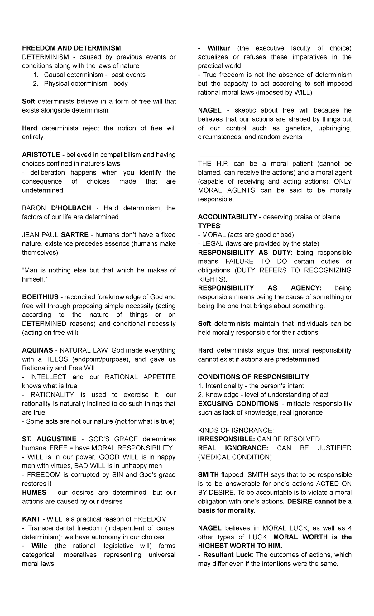 Philosophy NOTES - FREEDOM AND DETERMINISM DETERMINISM - caused by ...