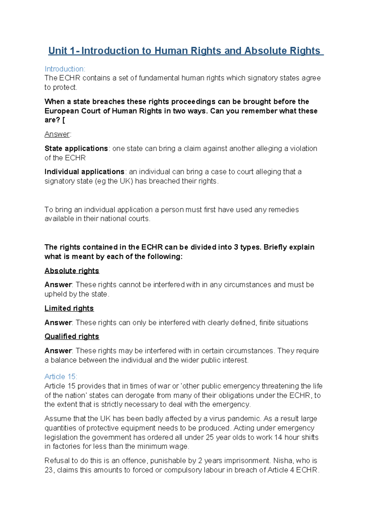 U1 Consolidate: Introduction to ECHR & Human Rights Principles - Studocu