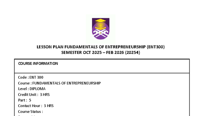 ENT300 Lesson Plan: Fundamentals of Entrepreneurship (Oct 2025 - Feb ...