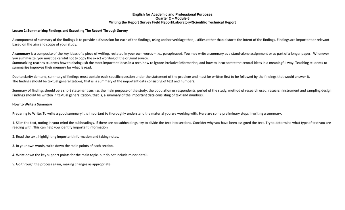 EAPP Q2 Module 8 Lesson 2: Summarizing Findings in Reports - Studocu