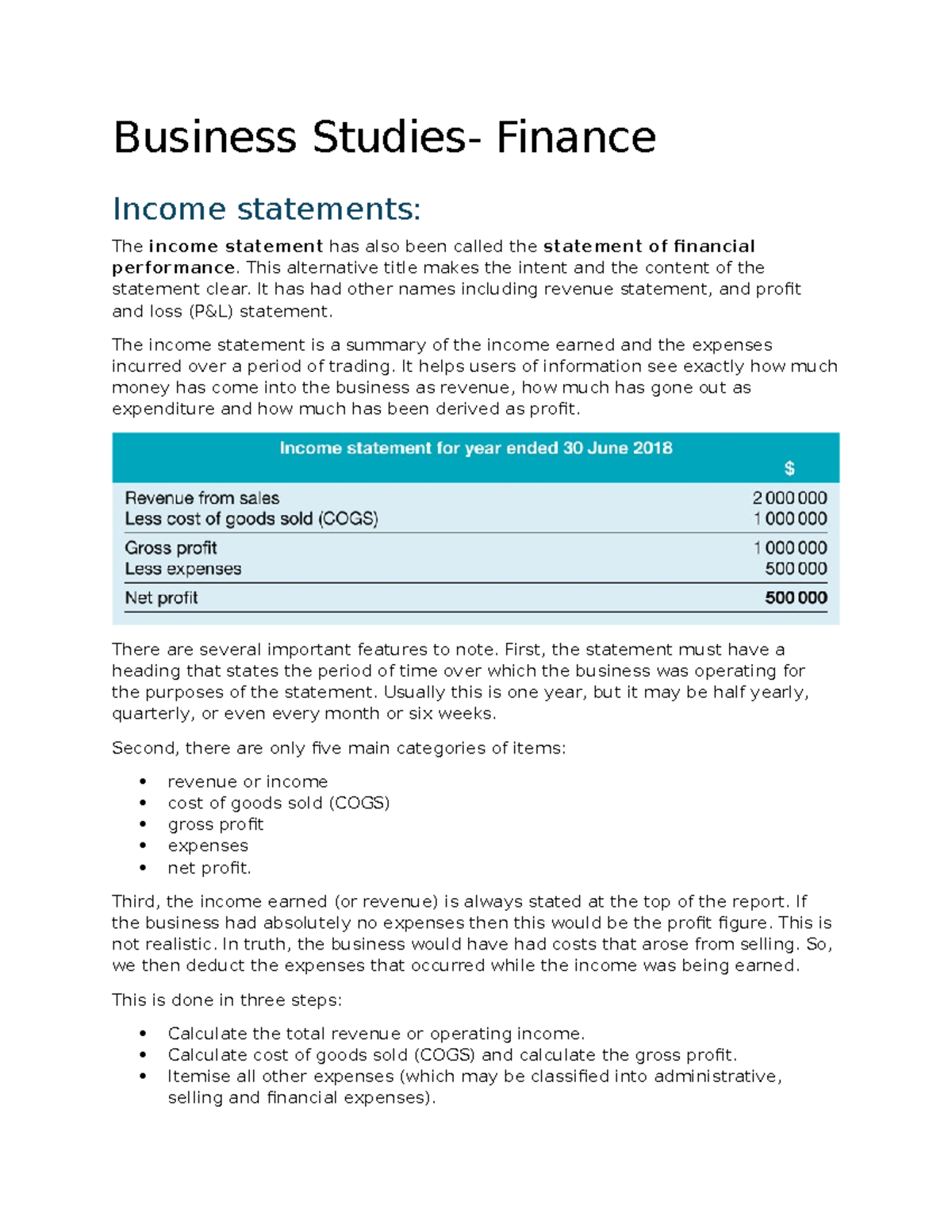 Business Studies: Income Statements Overview and Examples - Studocu