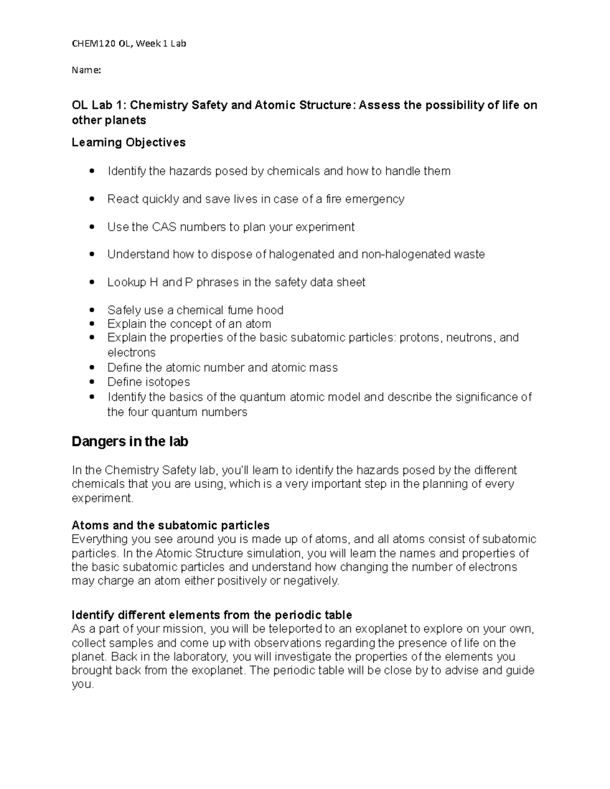 OL Lab 1: Chemistry Safety & Atomic Structure Exploration Report - Studocu