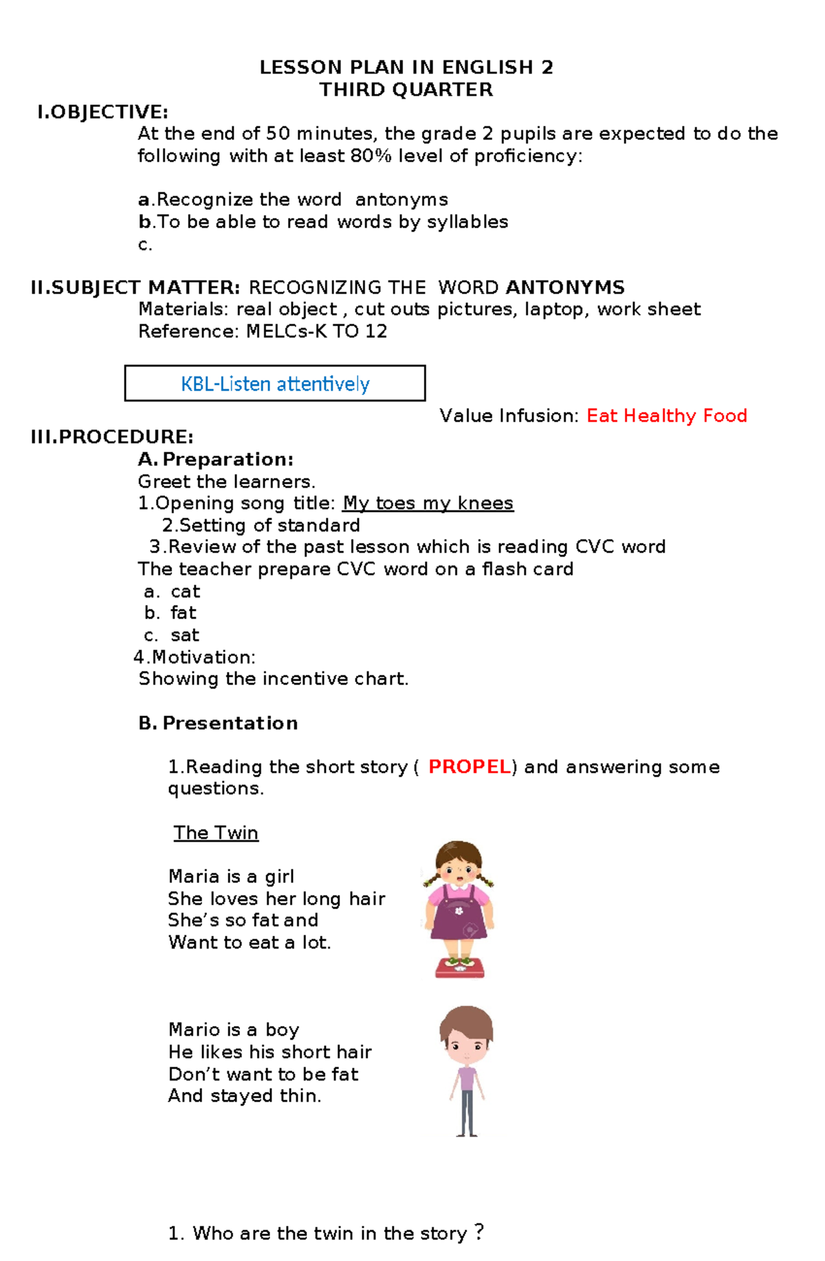 Grade 2 English Lesson Plan: Recognizing Antonyms - Studocu
