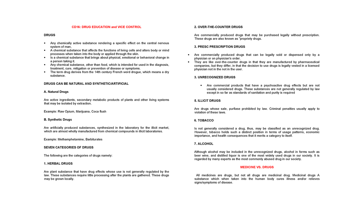 CD16: Comprehensive Overview of Drug Education and Control - Studocu