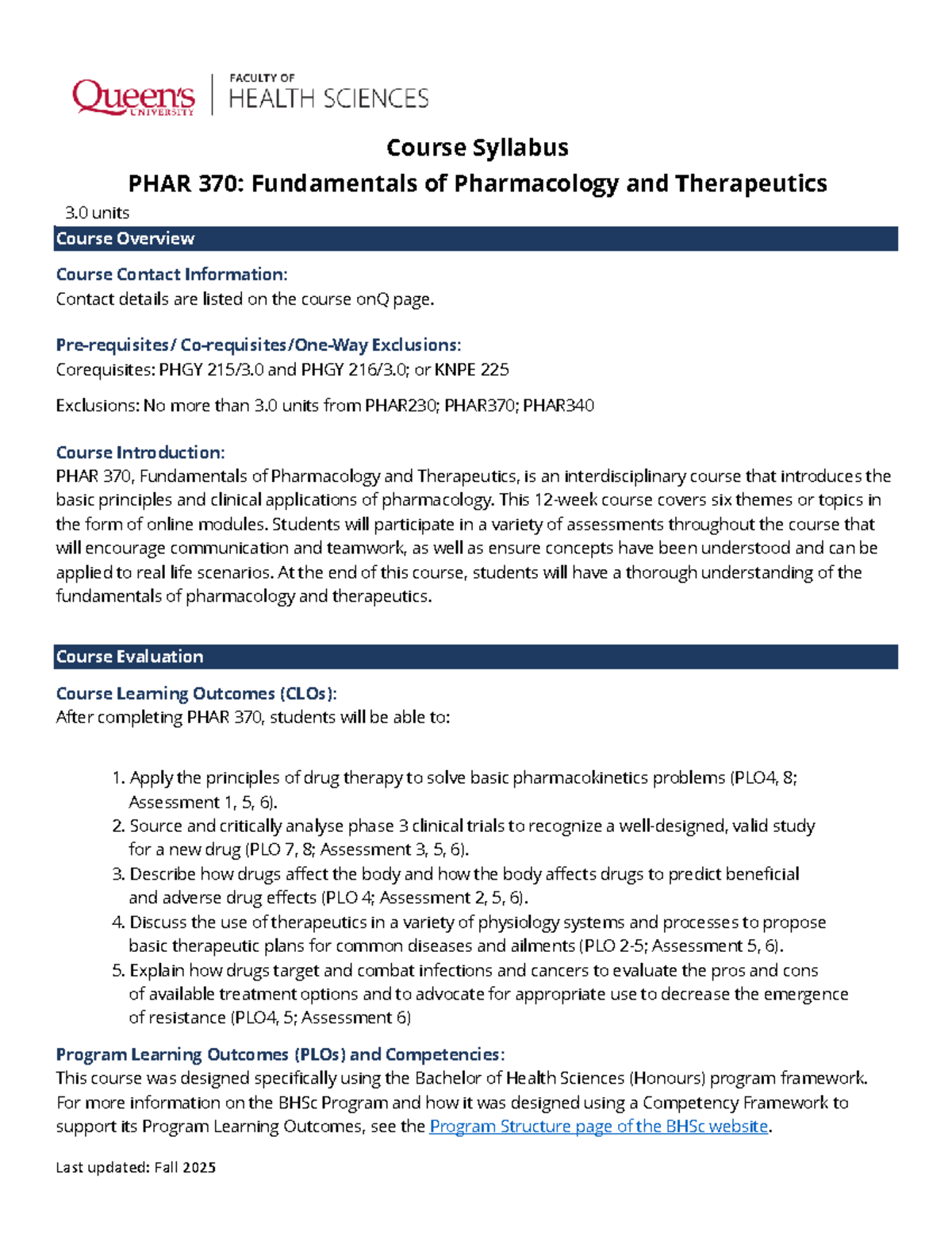 PHAR 370 Syllabus: Fundamentals of Pharmacology & Therapeutics F25 ...