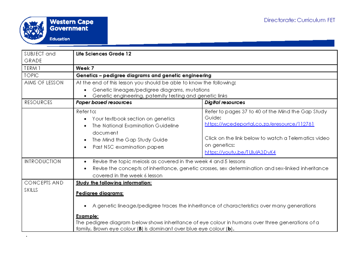 Life Sciences Grade 12 Term 1 Week 7: Genetics & Genetic Engineering ...