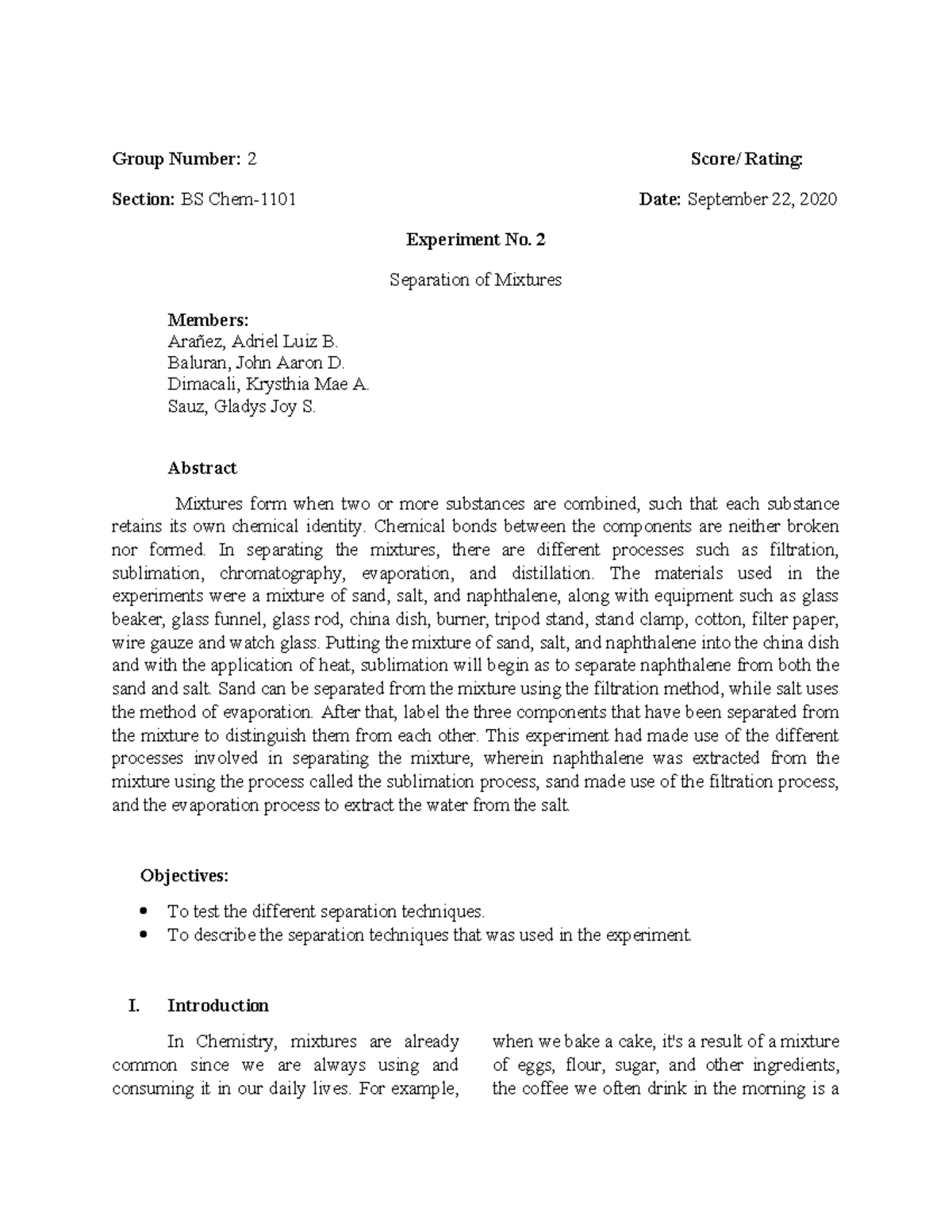 Chem Lab Report 2: Techniques for Mixture Separation (BS Chem-1101 ...