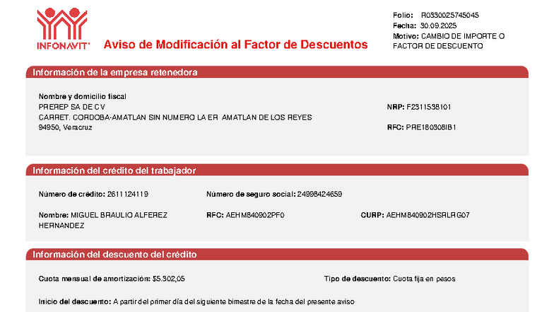 Aviso de Modificación al Factor de Descuentos - Folio R0330025745045 ...