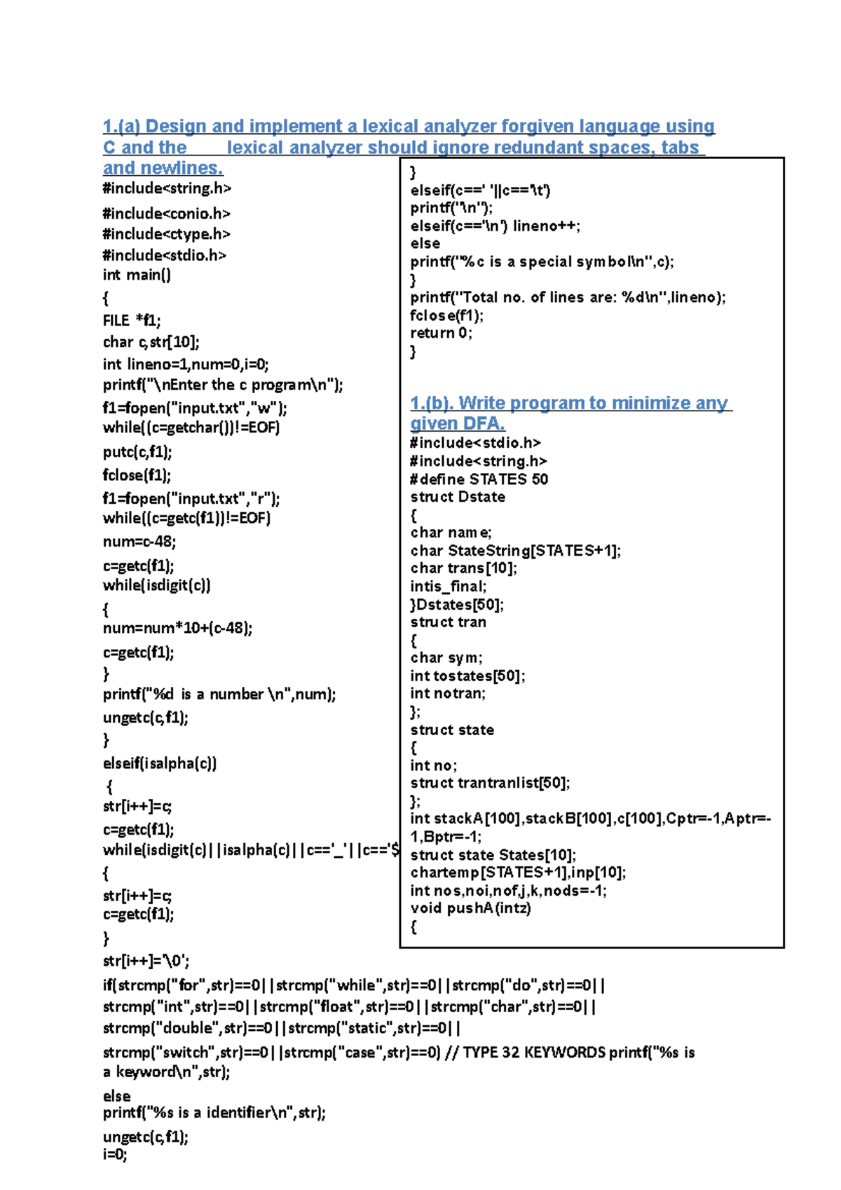 CD-Lab - Practical materials - 1.(a) Design and implement a lexical analyzer forgiven language ...