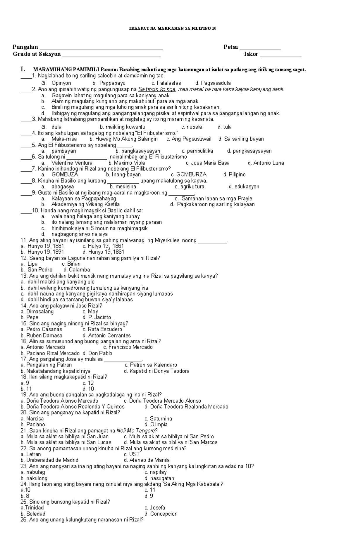 FIL 10 Q4 Exam - Multiple Choice Questions on Filipino Literature - Studocu
