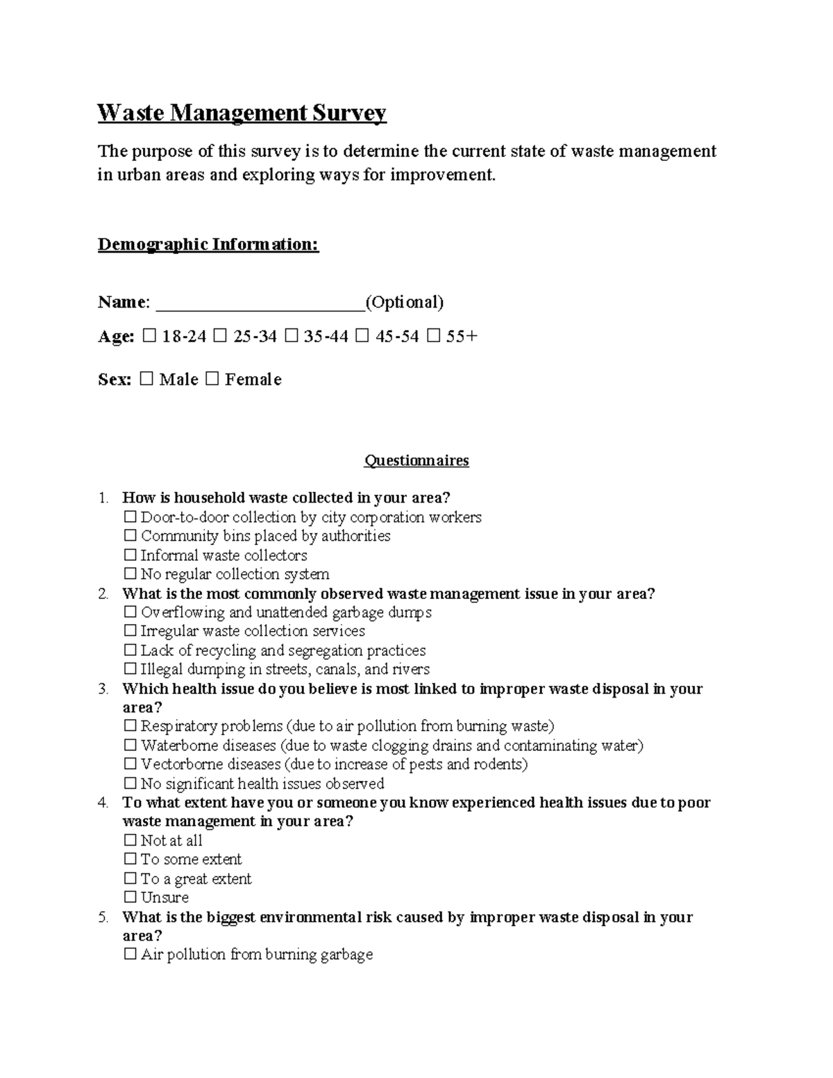 Waste Management Survey: Assessing Urban Practices and Issues - Studocu