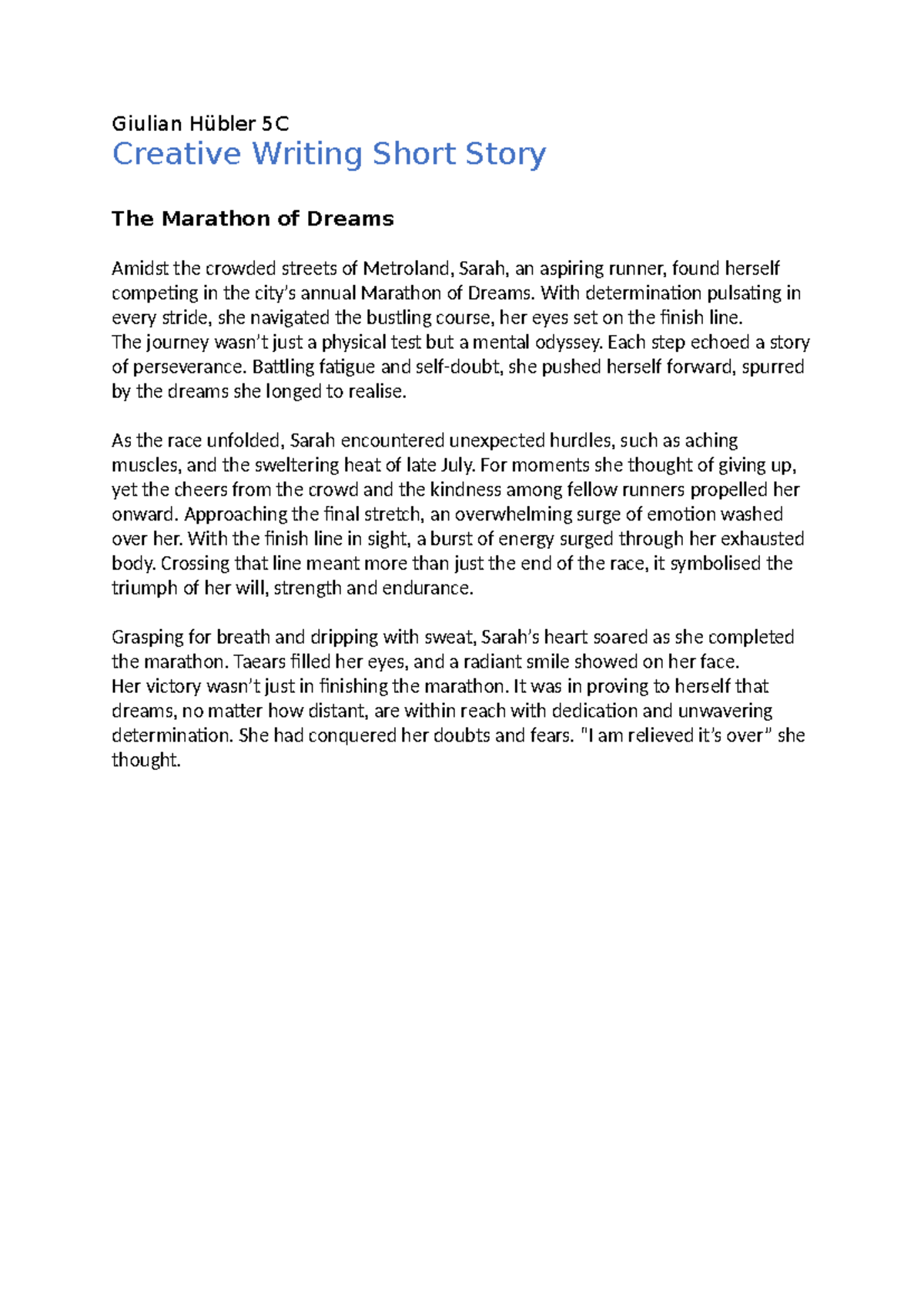 5C Creative Writing Short Story: The Marathon of Dreams - Studocu