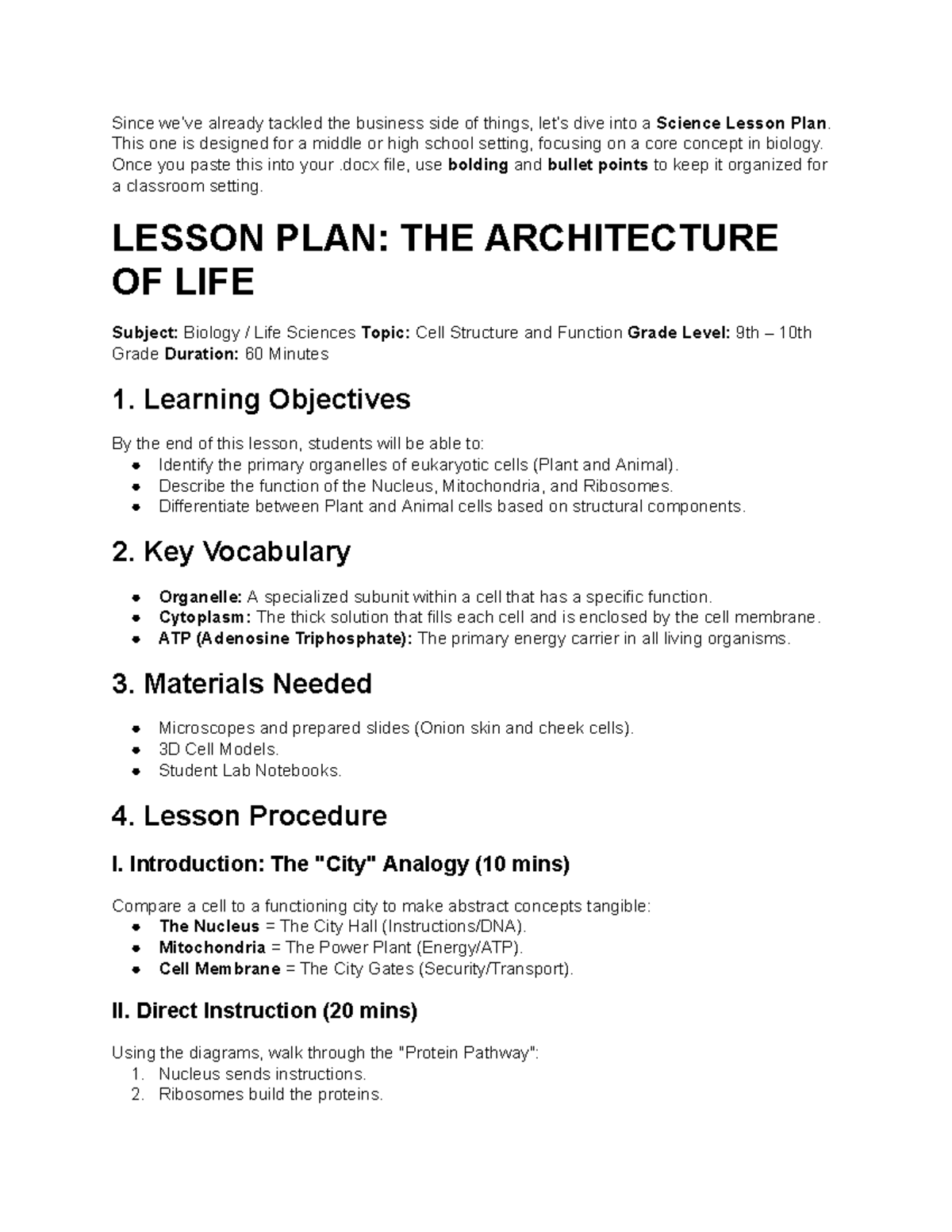 Biology Lesson Plan: Cell Structure & Function for 9th-10th Grade - Studocu