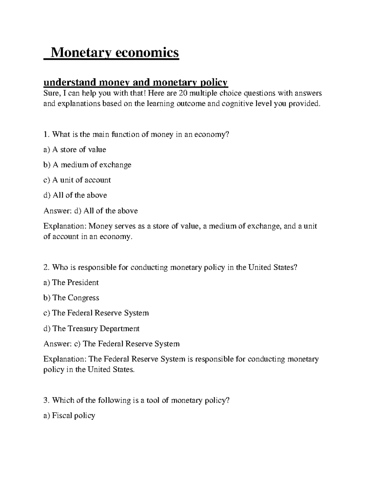 Monetary Economics MCQs & Explanations - Course Code: ME101 - Studocu