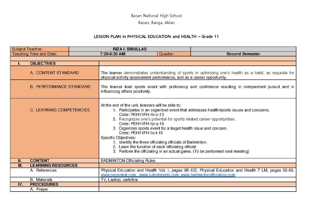 Grade 11 PE & Health Lesson Plan: Badminton Officiating Skills - Studocu