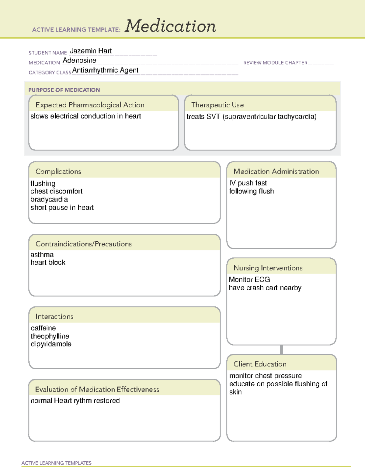 Adenosine - meds - ACTIVE LEARNING TEMPLATES Medication STUDENT NAME ...