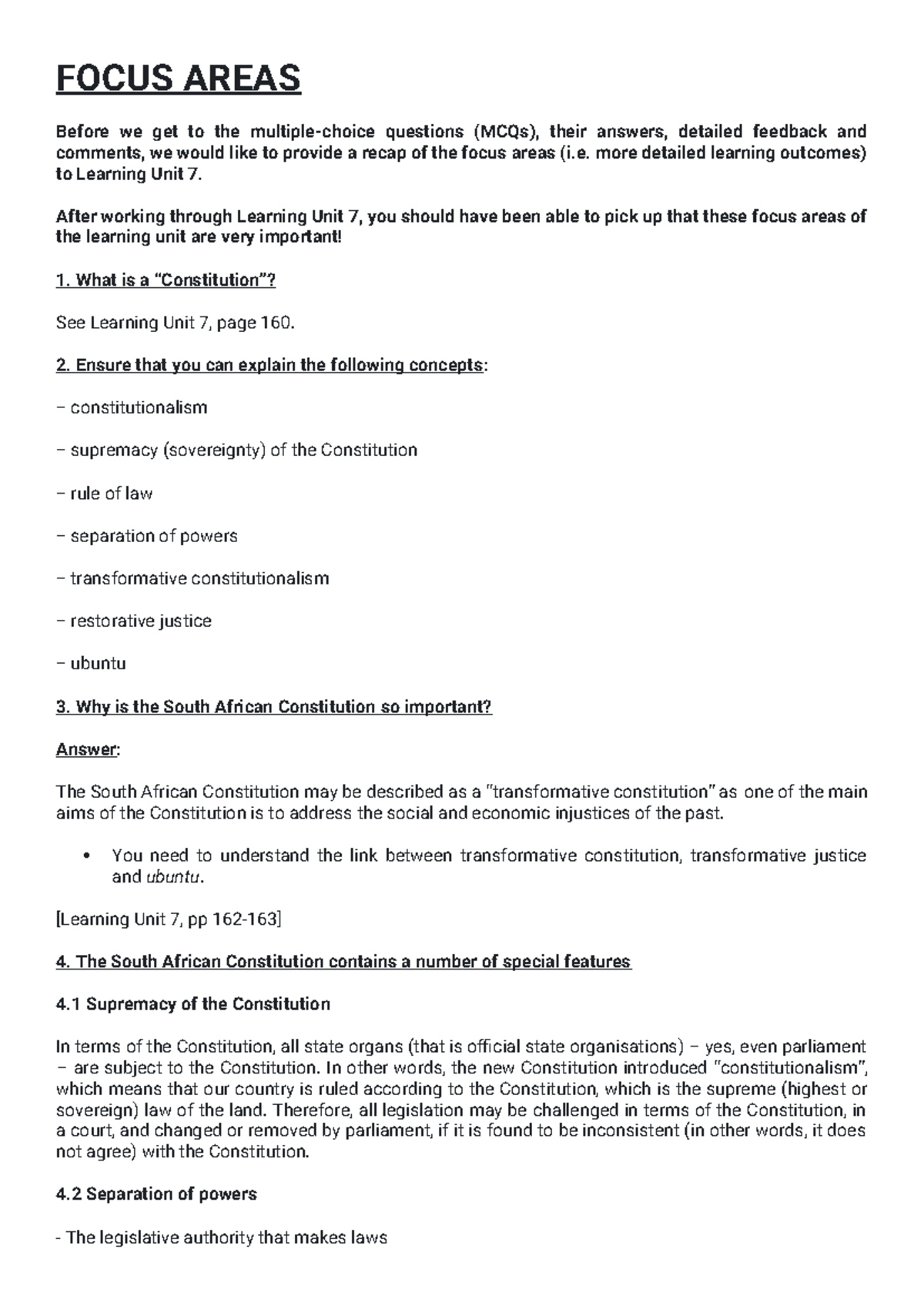 Unit 7 - Key Focus Areas and MCQs Overview - Studocu