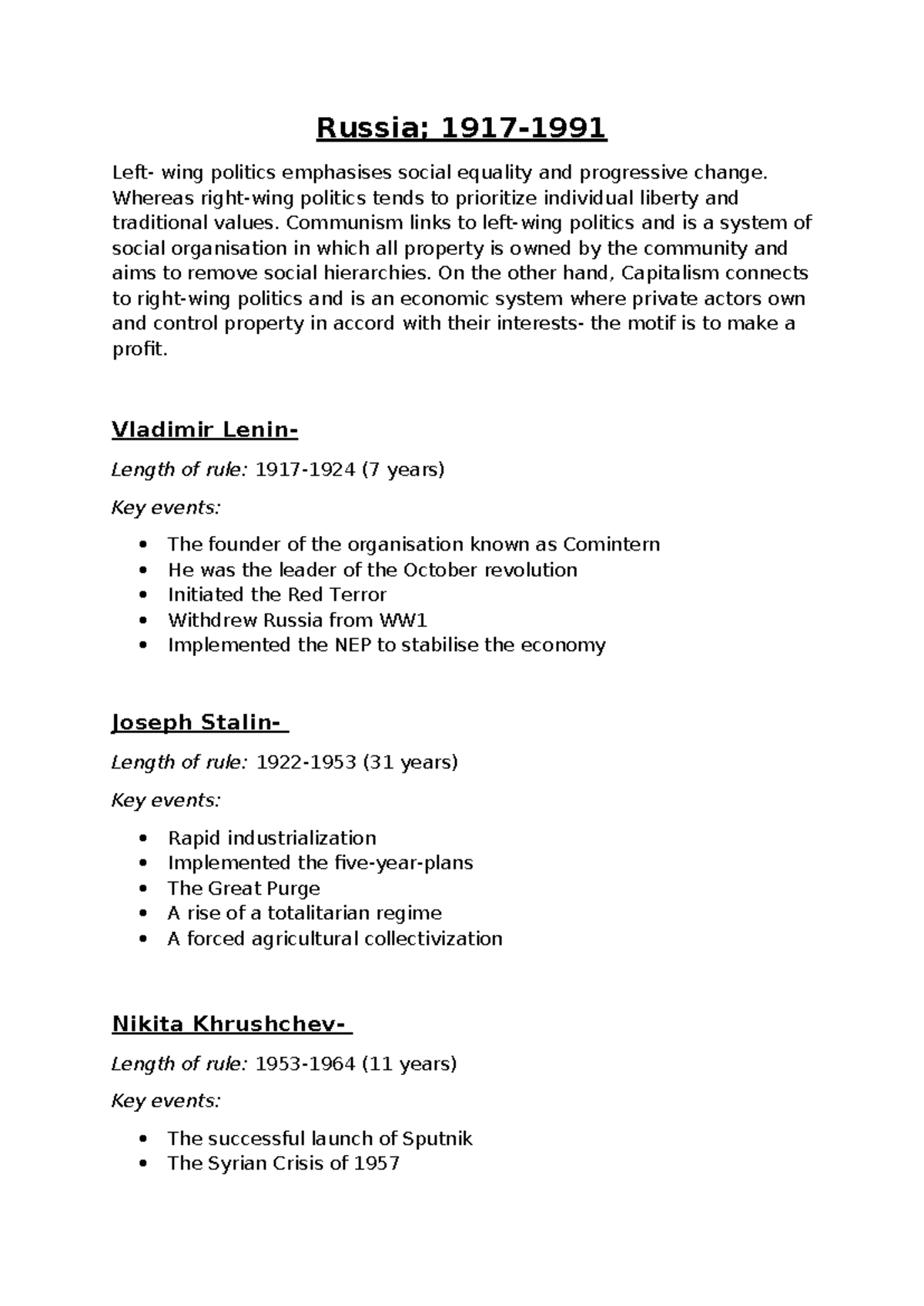 Russia 1917-1991: Leaders & Marxism Overview - Studocu