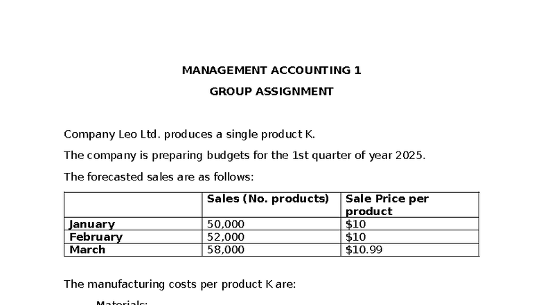 MANAGEMENT ACCOUNTING 1 GROUP ASSIGNMENT: Leo Ltd. Q1 2025 Budget - Studocu