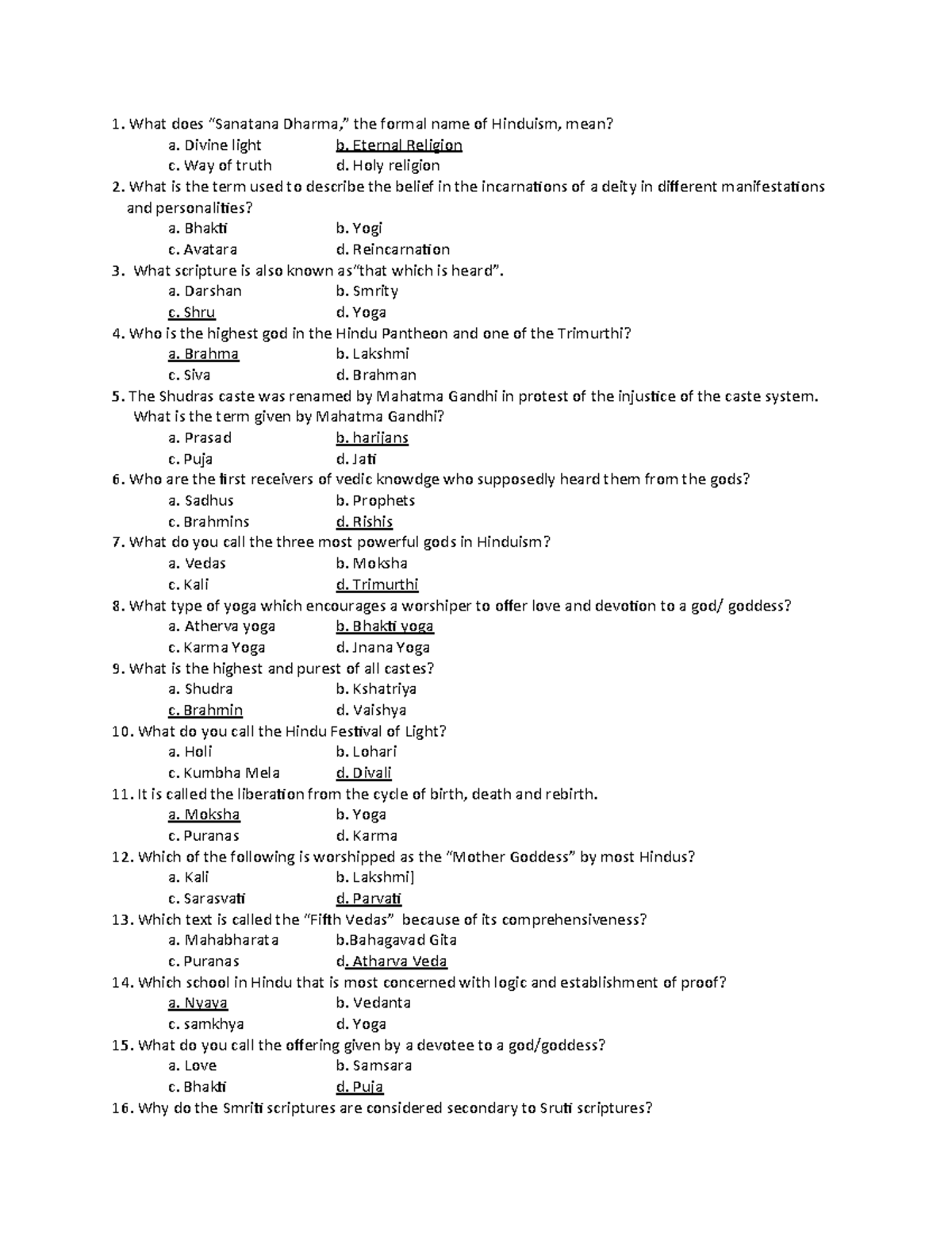 Hinduism Quiz Questions and Answers (Course Code: LAWS) - Studocu