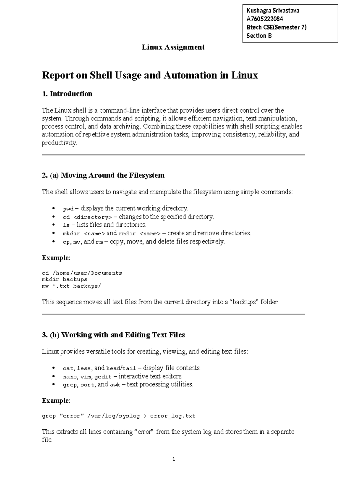 Linux Assignment Report: Shell Usage & Automation in CSE Btech 7th Sem ...