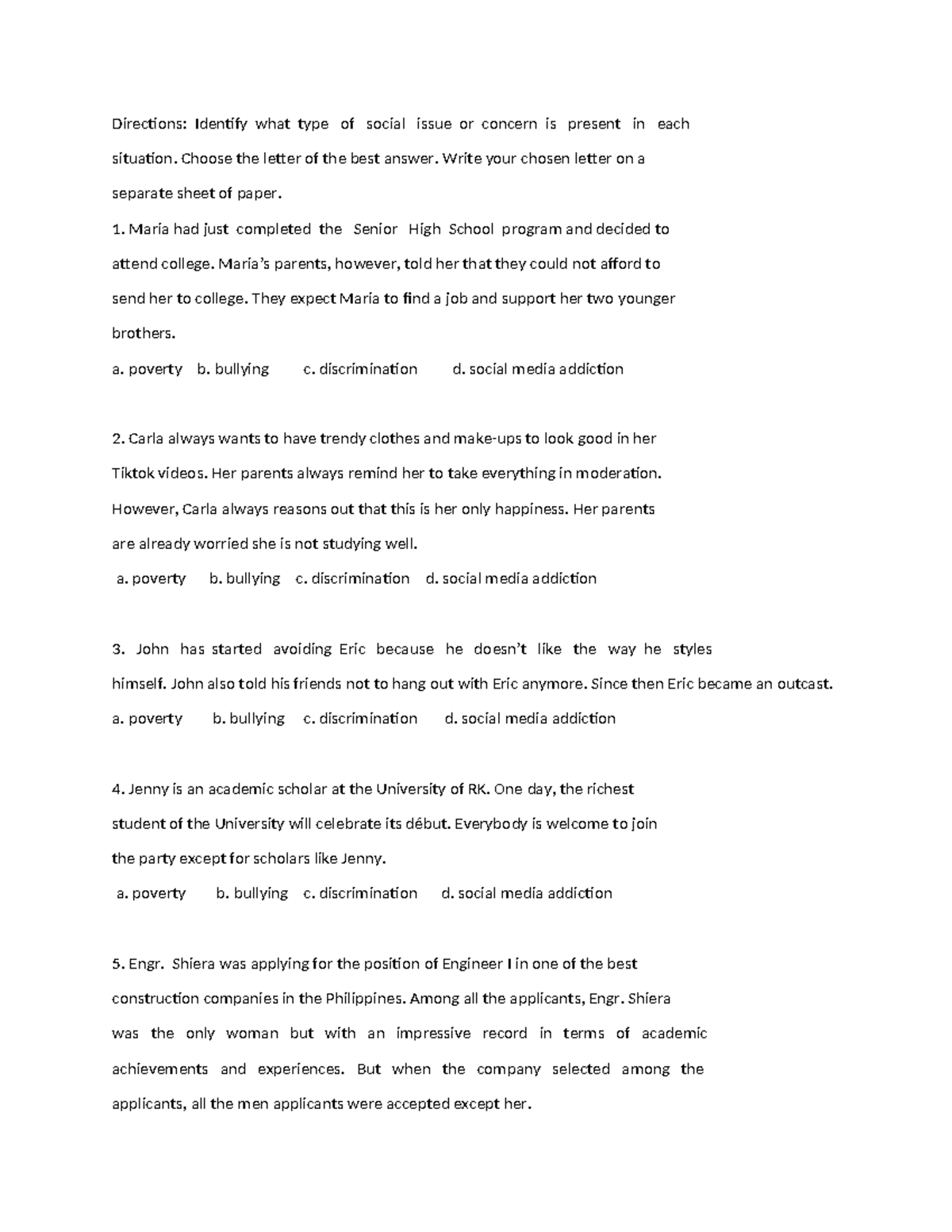 Social Issues in Grade 9: Identifying Concerns Worksheet - Studocu