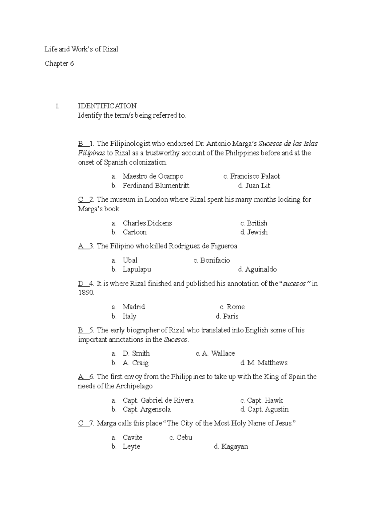Life and Works of Rizal: Chapter 6 Study Guide and Review - Studocu
