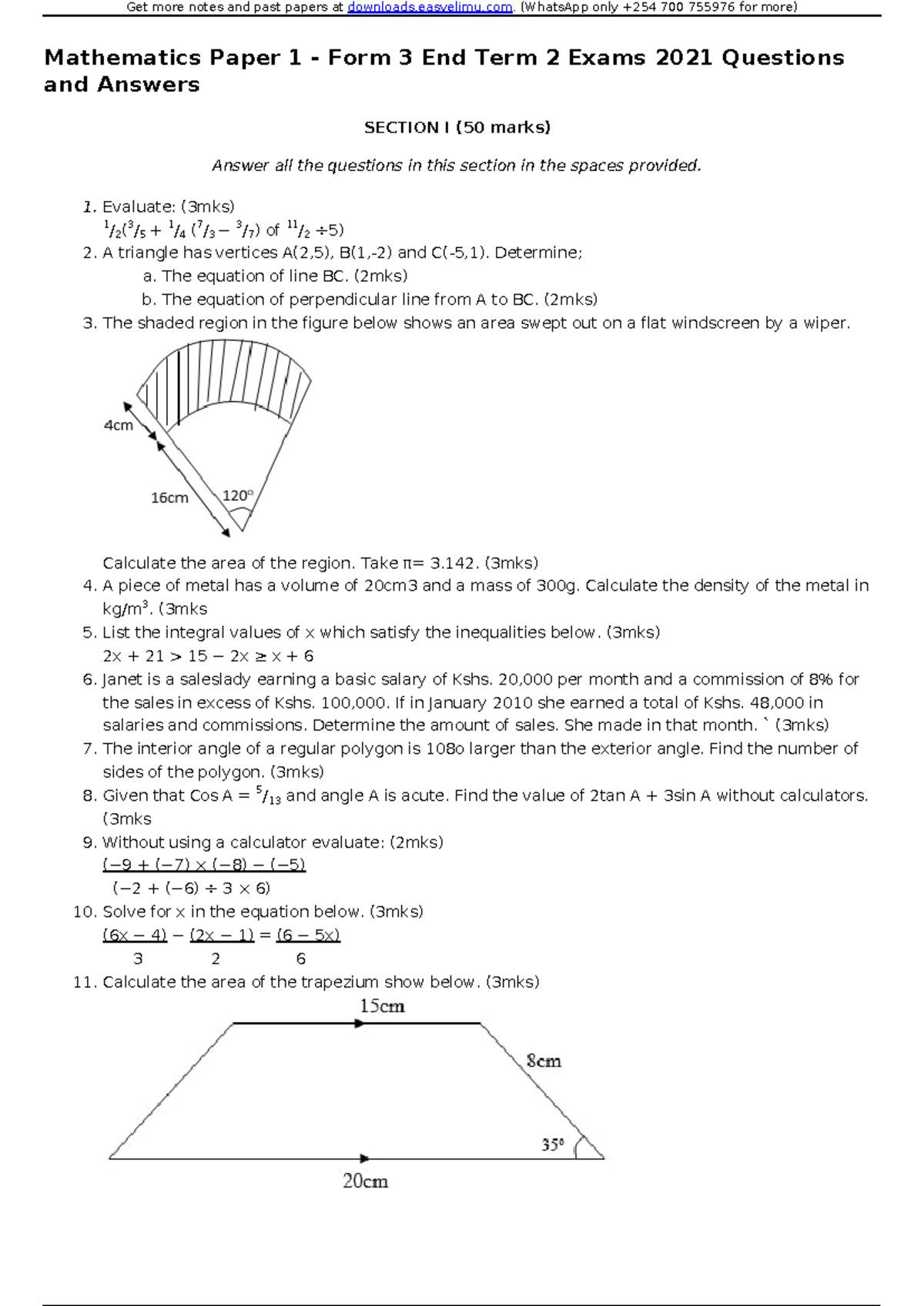 Mathematics Paper 1 - Form 3 End Term 2 Exams 2021 Questions & Answers ...