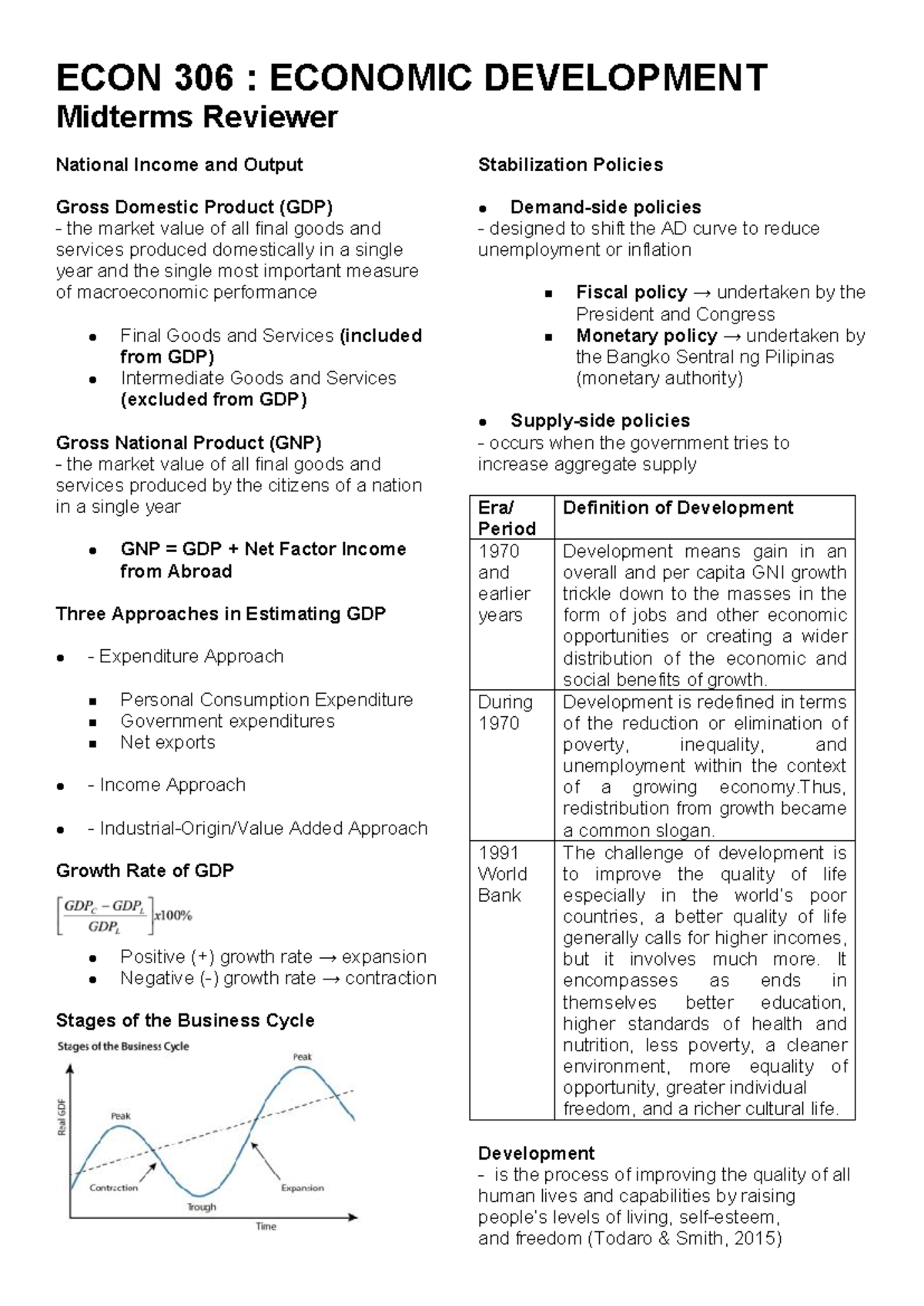 ECON 306: Midterm Review on Economic Development Concepts - Studocu