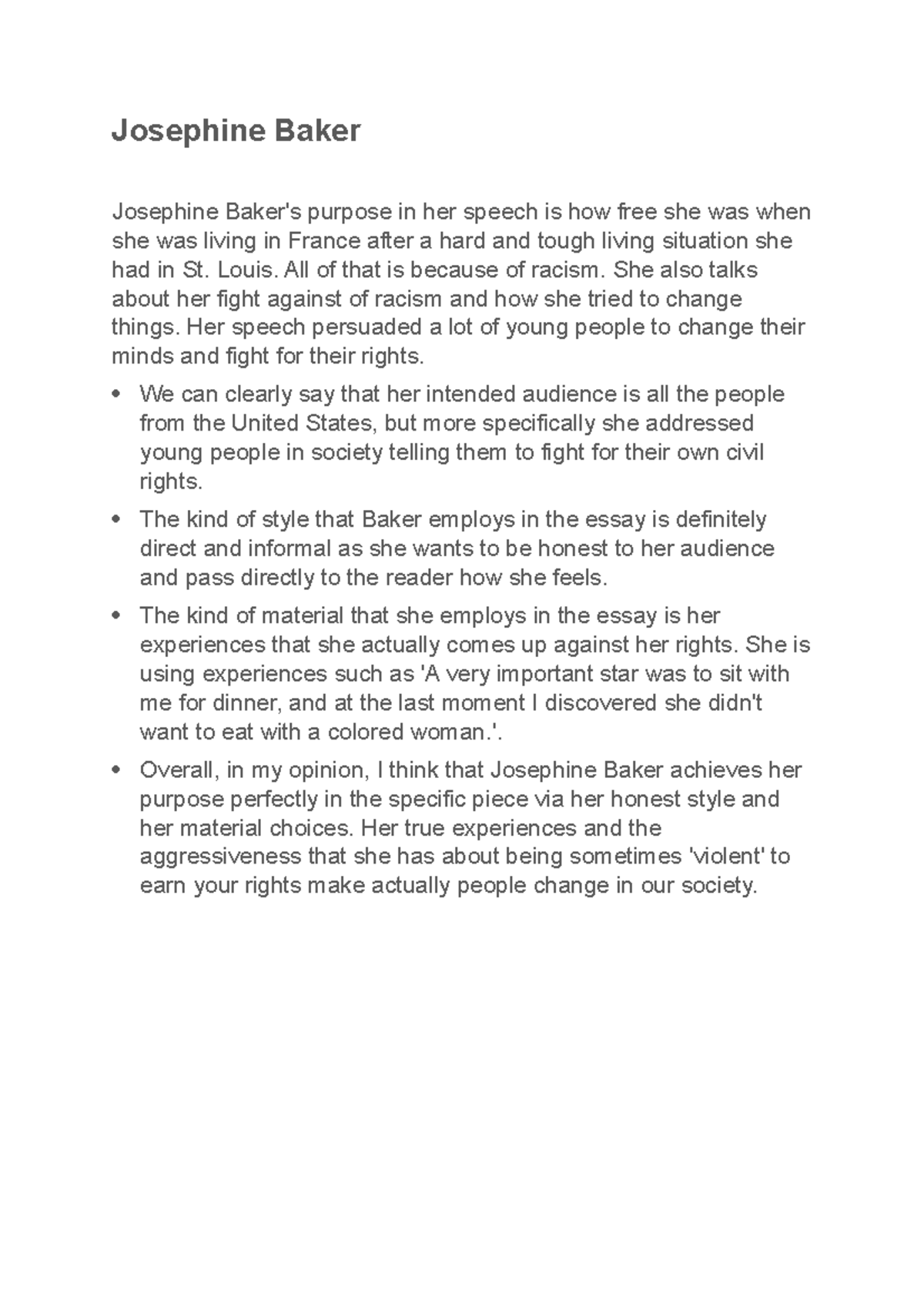 Josephine Baker's Speech Analysis: A Fight Against Racism - Studocu