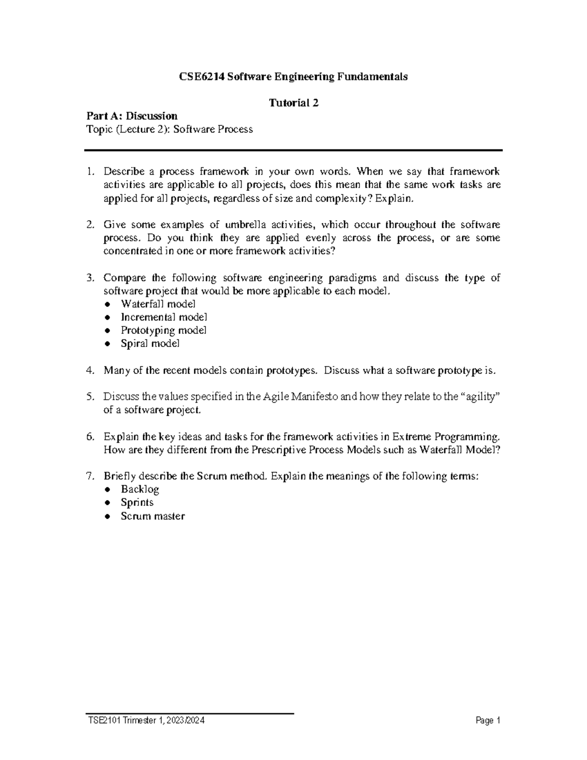 Tut02 - Tutorial - TSE2101 Trimester 1, 2023/2024 Page 1 CSE6214 ...