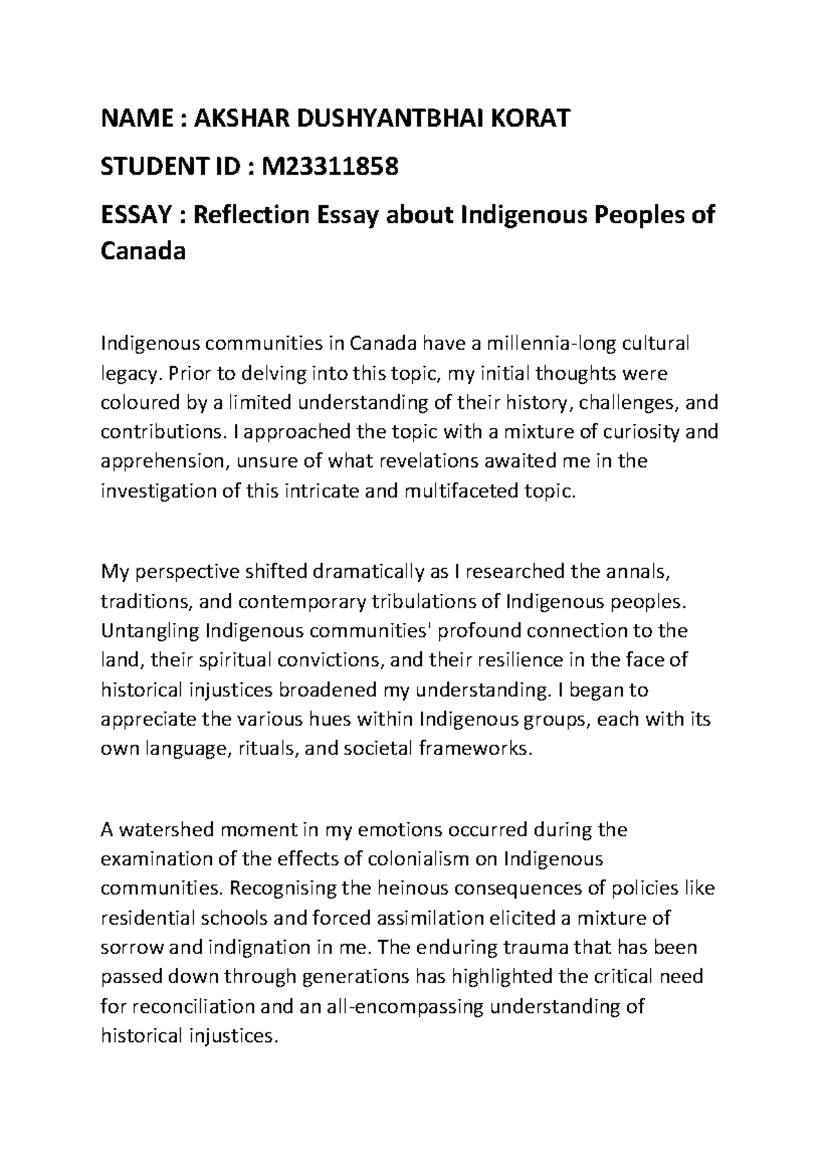 Indigenous Peoples Reflection Essay - Essay Notes - Studocu